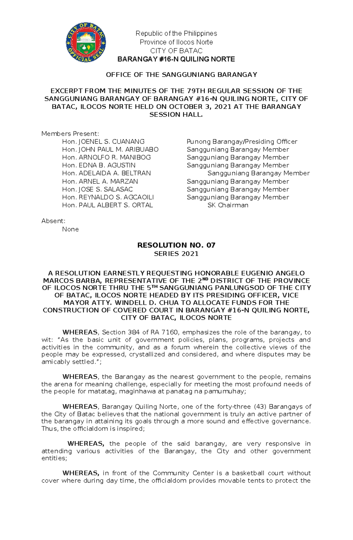 618830159 Barangay Resolution No. 7: Fund Allocation for Covered Court ...