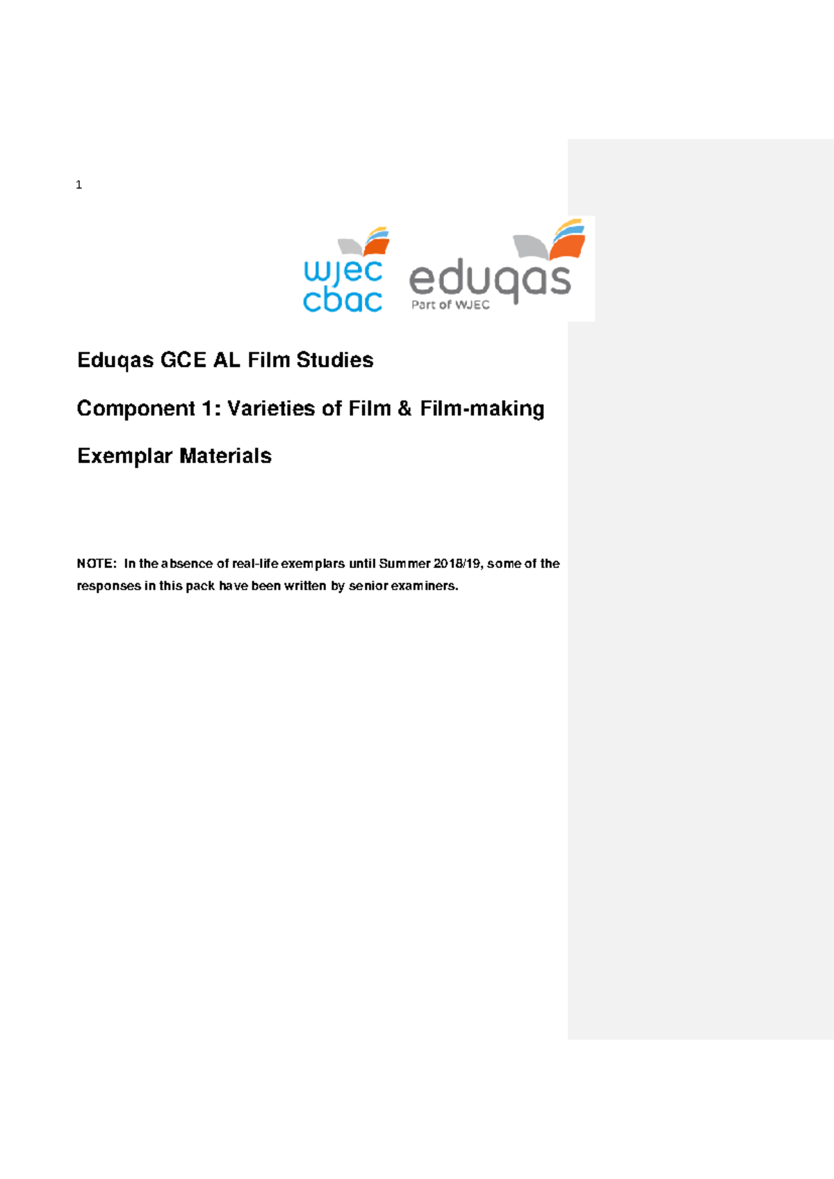 Eduqas GCE AL Film Studies: Component 1 Model Answers & Analysis - Studocu