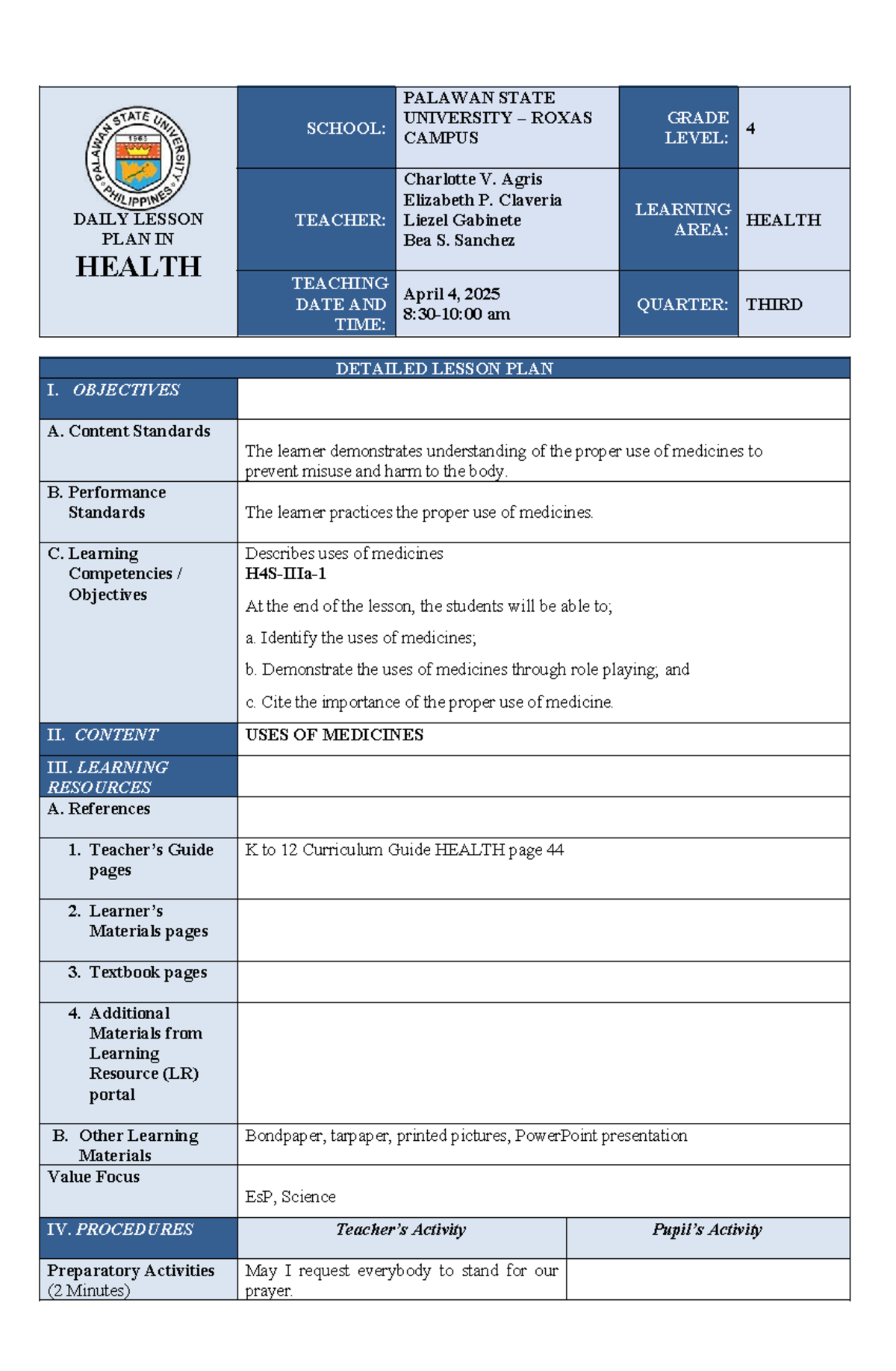Final DLP in Health for Grade 4: Understanding Medicine Uses - Studocu