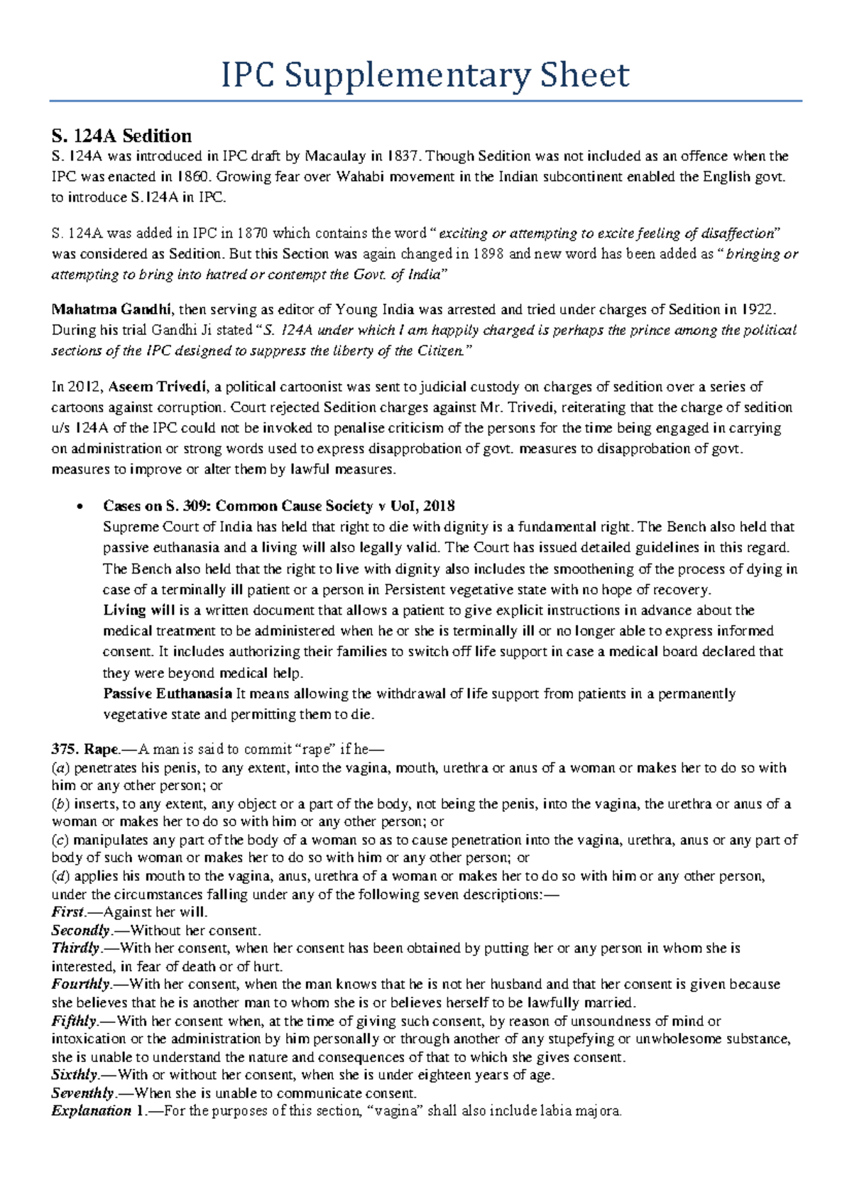 IPC Supplementary Notes: Key Sections and Landmark Cases - Studocu