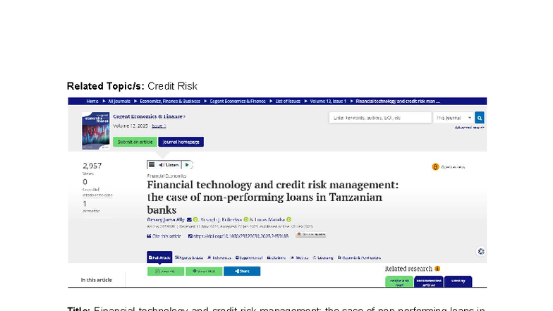 Financial Technology & Credit Risk Management: A Tanzanian Case Study ...