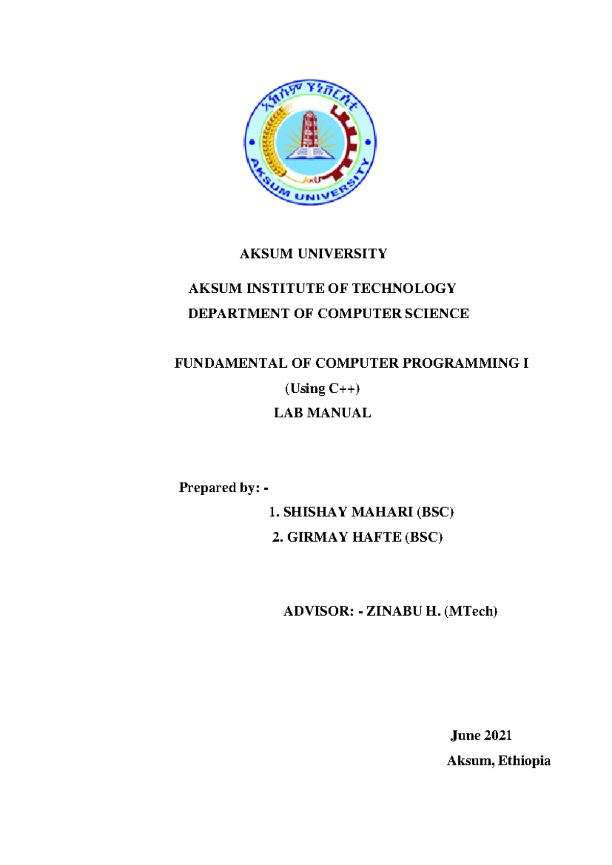 Lab Manual: Fundamental of Computer Programming I (C++) | AIT, 2021 ...