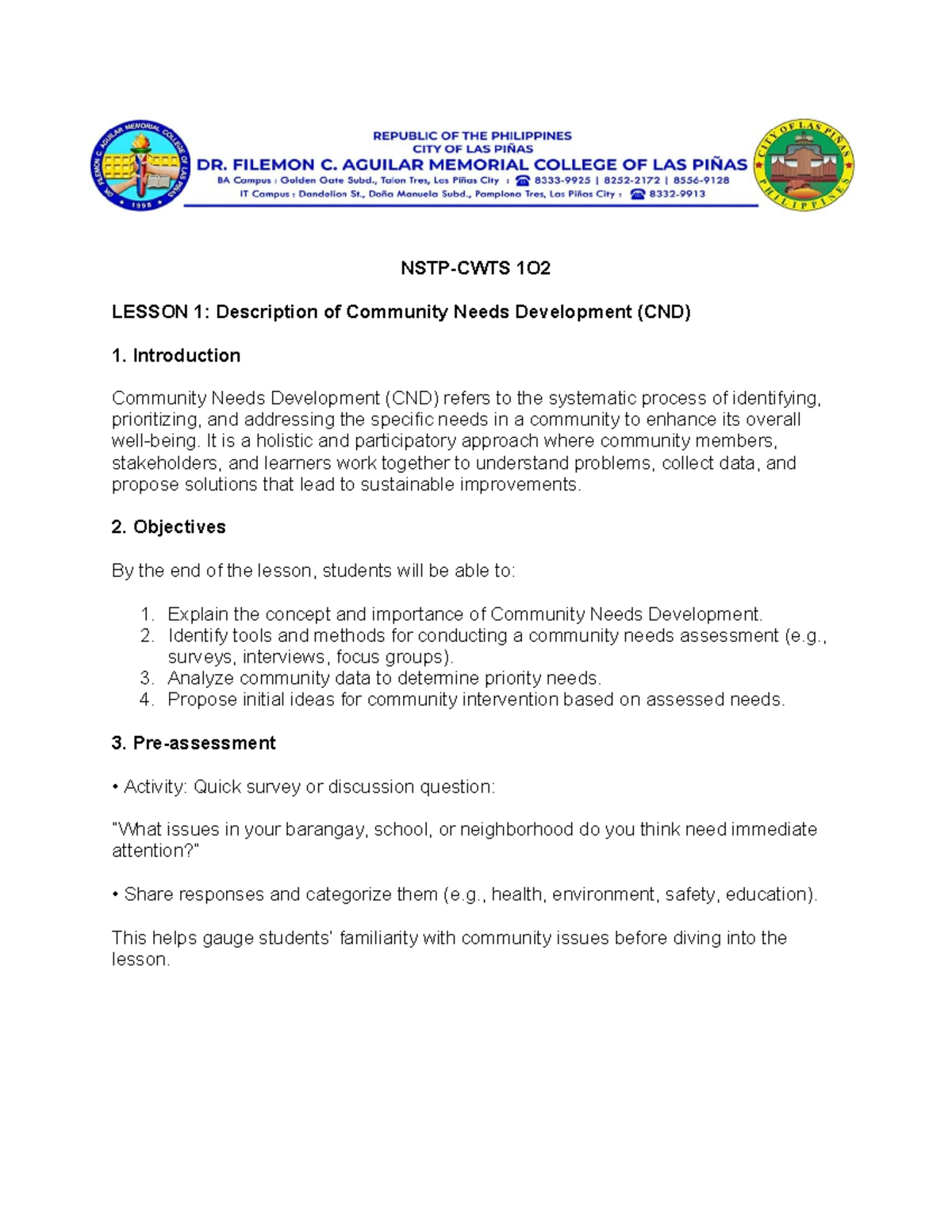 NSTP 102 Lesson 1: Understanding Community Needs Development (CND ...