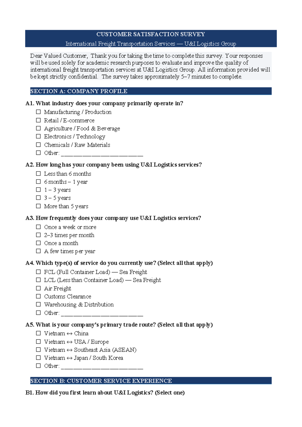 CUSTOMER SATISFACTION SURVEY: UI Logistics Services Evaluation - Studocu
