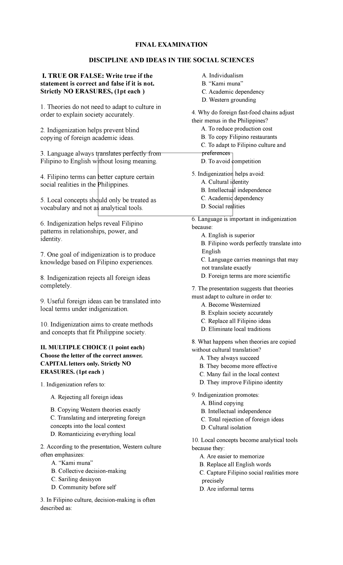 FINAL EXAM: DISCIPLINE & IDEAS IN SOCIAL SCIENCES I - TRUE/FALSE & MCQ ...