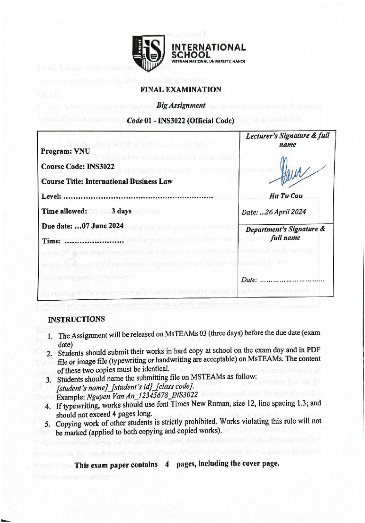 Final Exam Assignment INS3022: International Business Law Case Studies ...