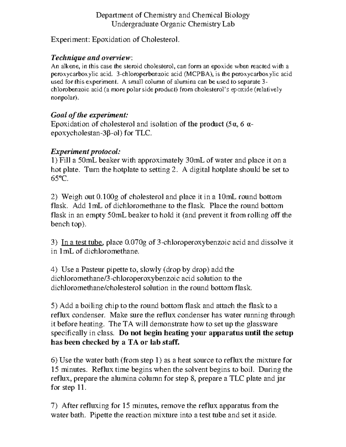 Epoxidation of Cholesterol: Summary of Experiment Protocol (CHEM 101 ...