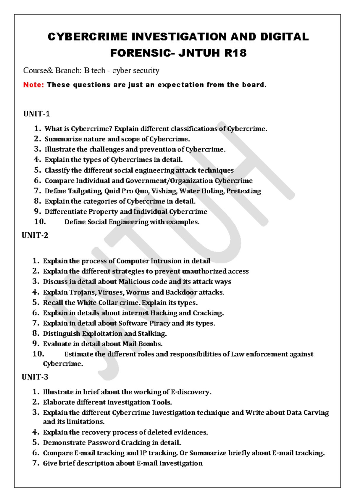 Ccidf Important Questions for Cybercrime Investigation JNTUH R18 - Studocu