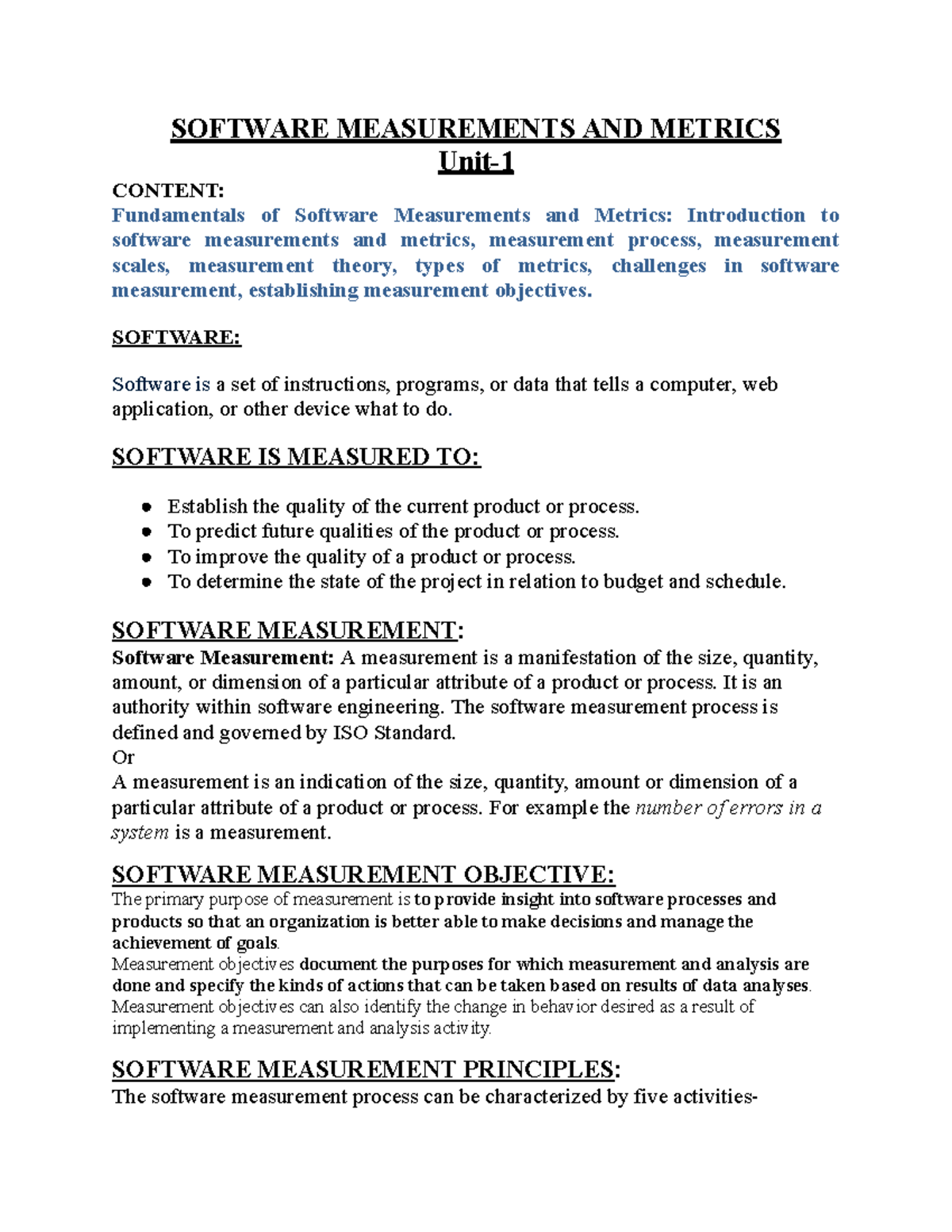 UNIT-1: Software Measurements and Metrics Overview in SE - Studocu