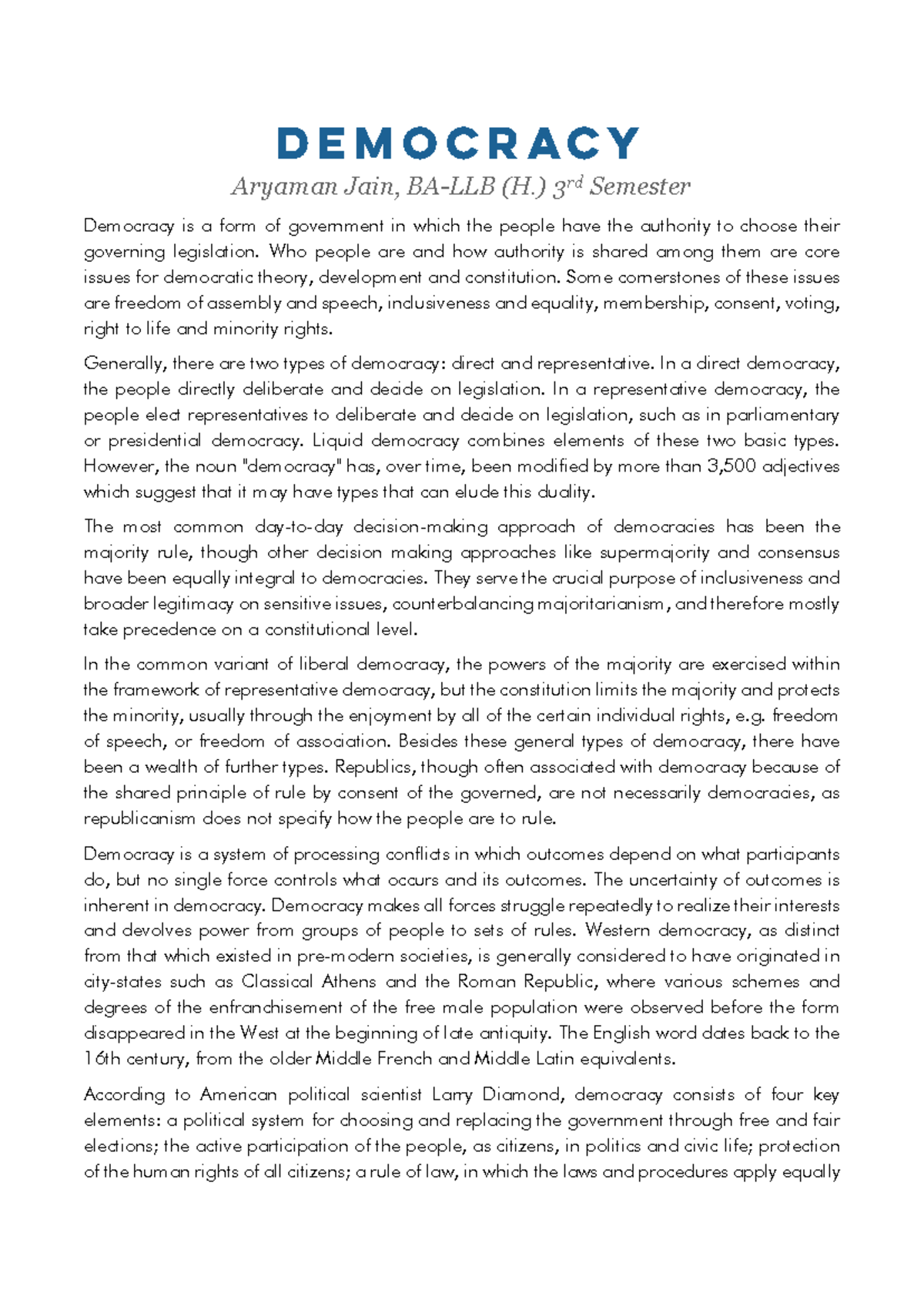Lecture Notes on Democracy: An In-Depth Study (BA-LLB 3rd Sem) - Studocu