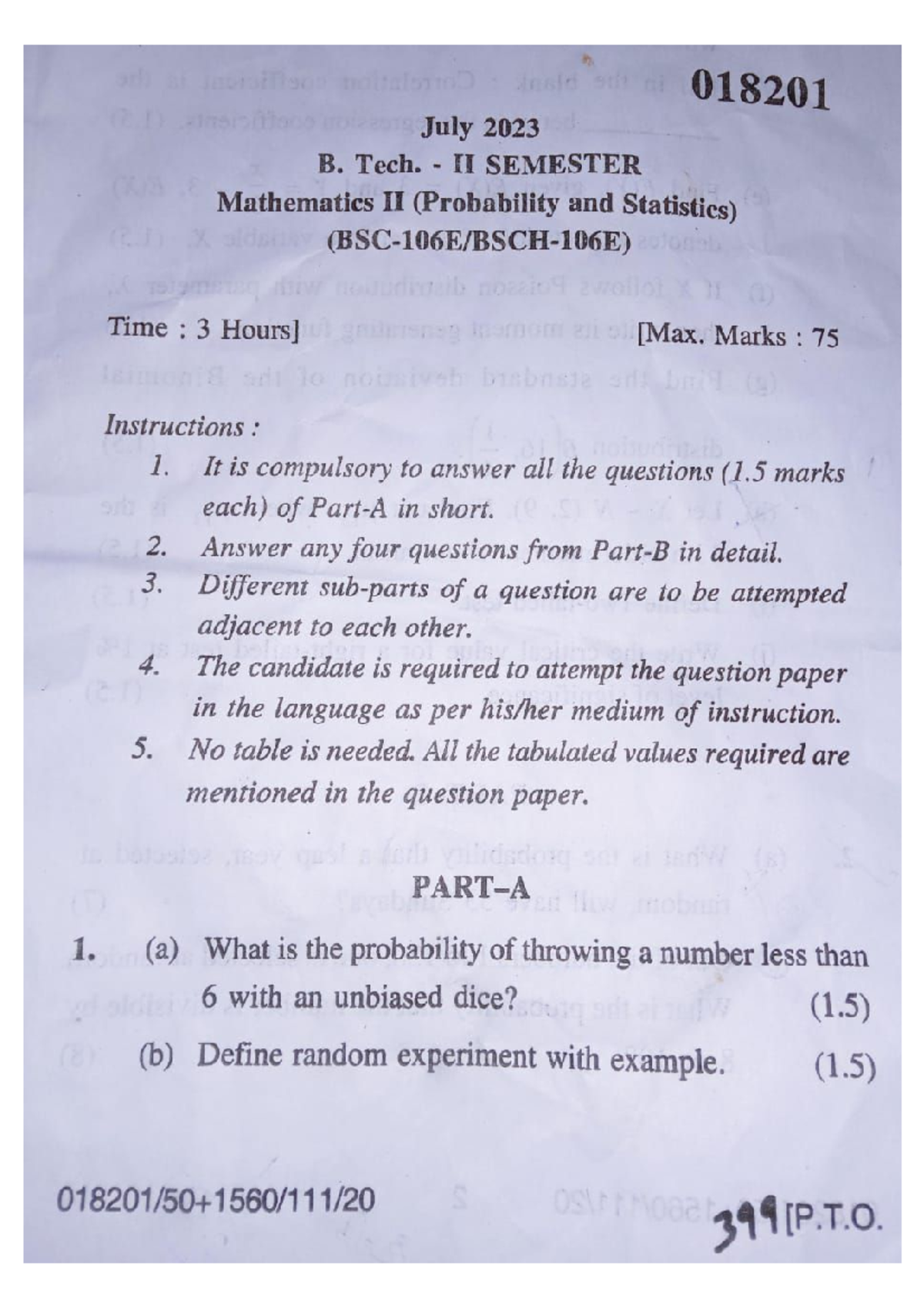 Mathematics II (Probability & Statistics) Exam Paper - BSC-106E - Studocu
