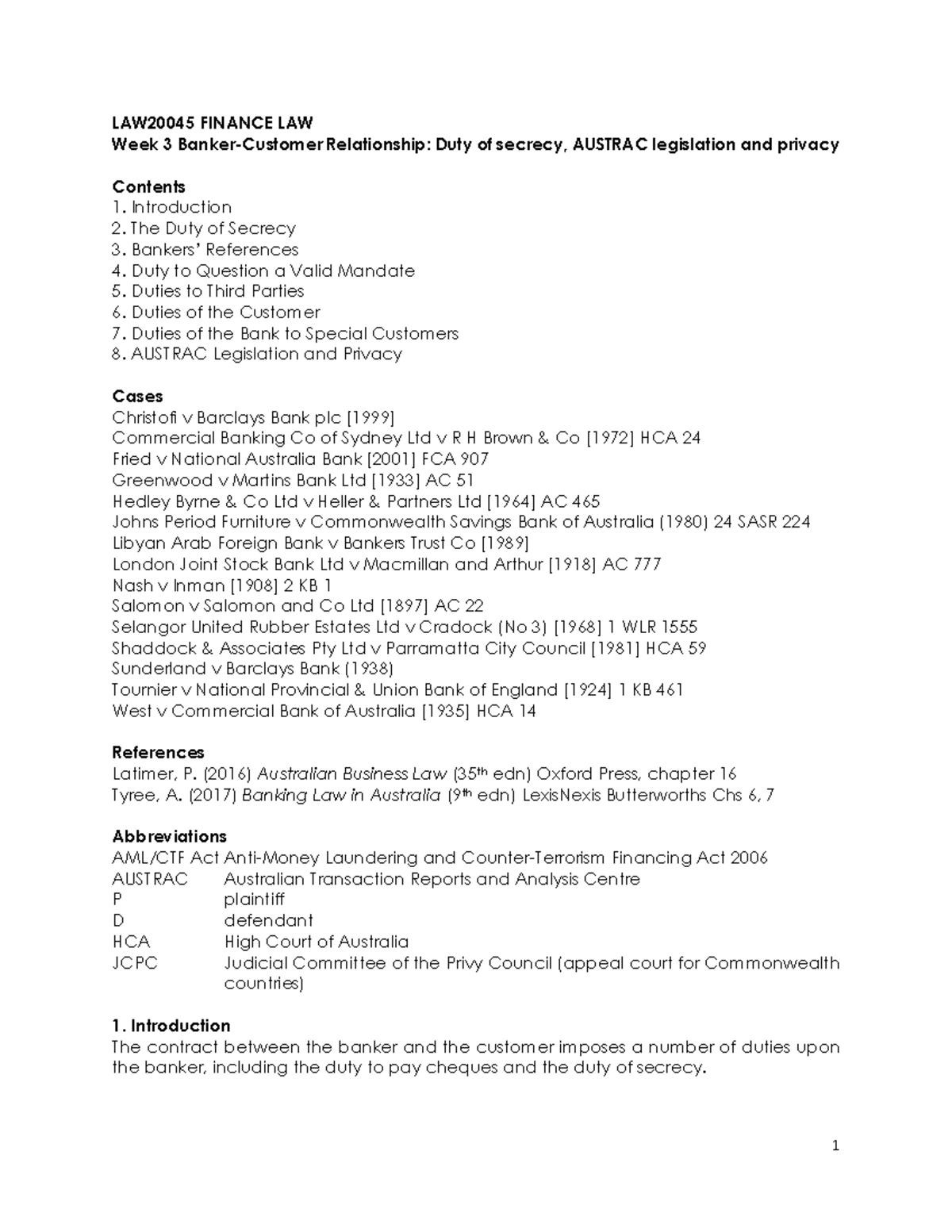 LAW20045 Week 3 Lecture Notes: Banker-Customer Relationship & Secrecy ...