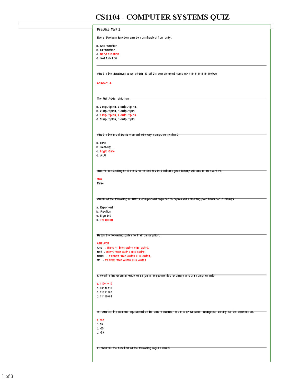 CS1104 Computer systems Quiz - 1 of 3 CS1104 - COMPUTER SYSTEMS QUIZ ...