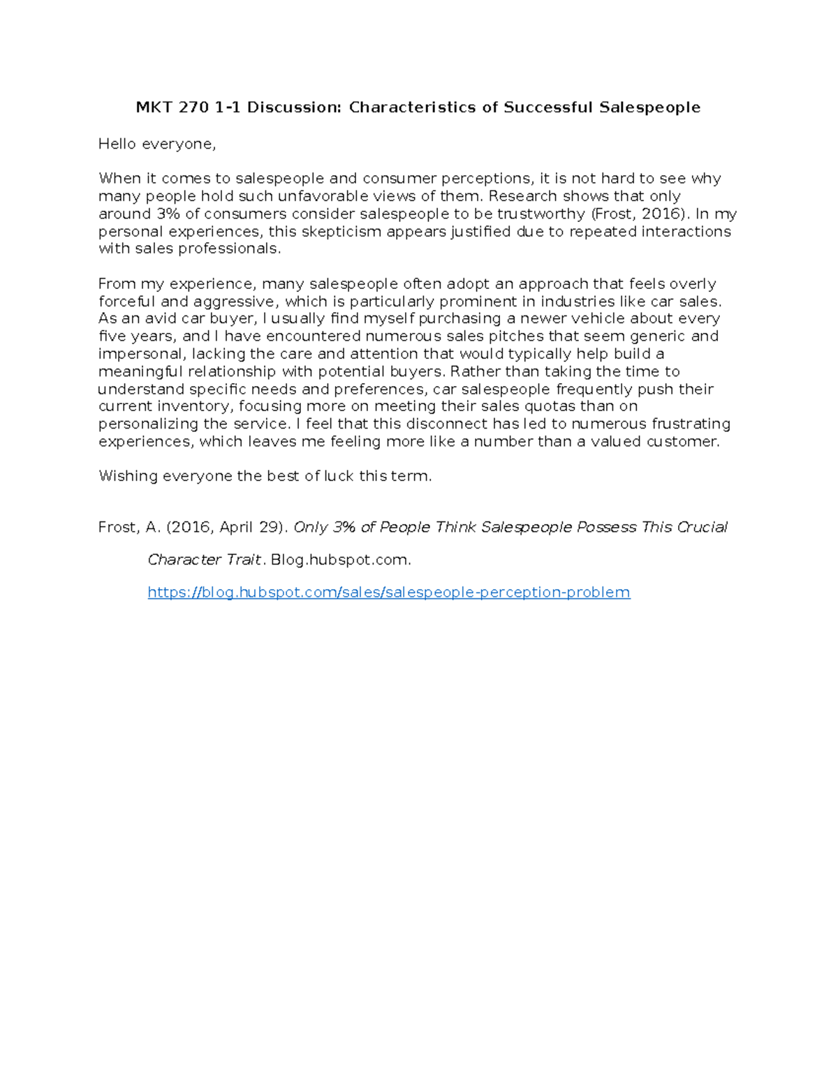 MKT 270 Module 1-1 Discussion: Traits of Effective Sales Professionals ...