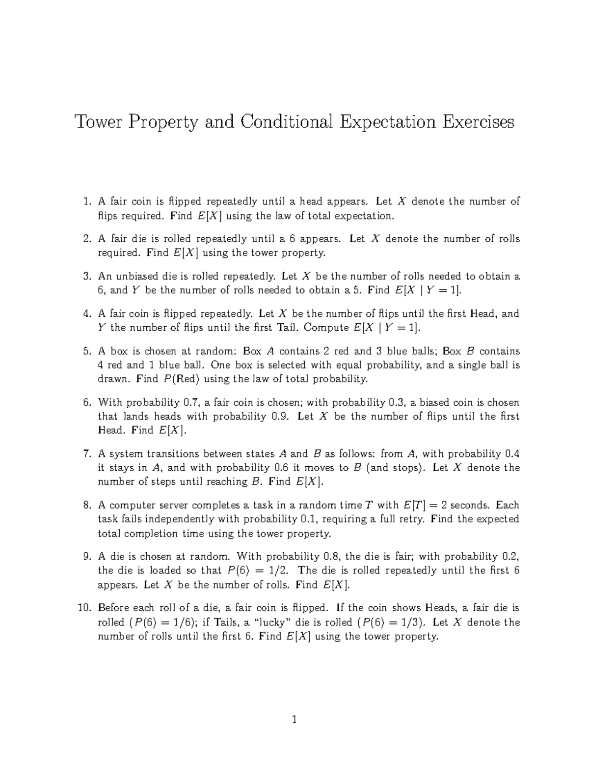 Conditional Expectation & Tower Property Exercises (MATH 23) - Studocu