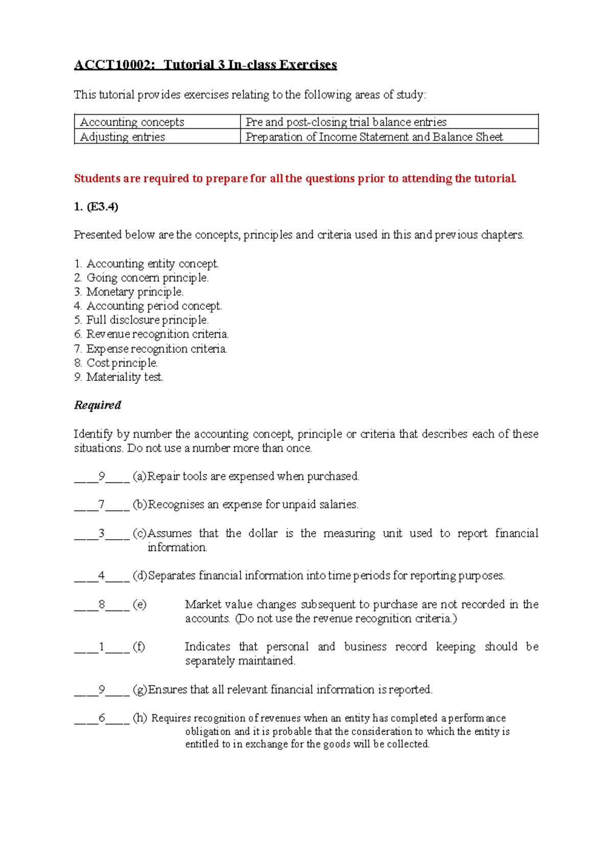 Introductory Financial Accounting Tut 3: Exercises on Concepts ...