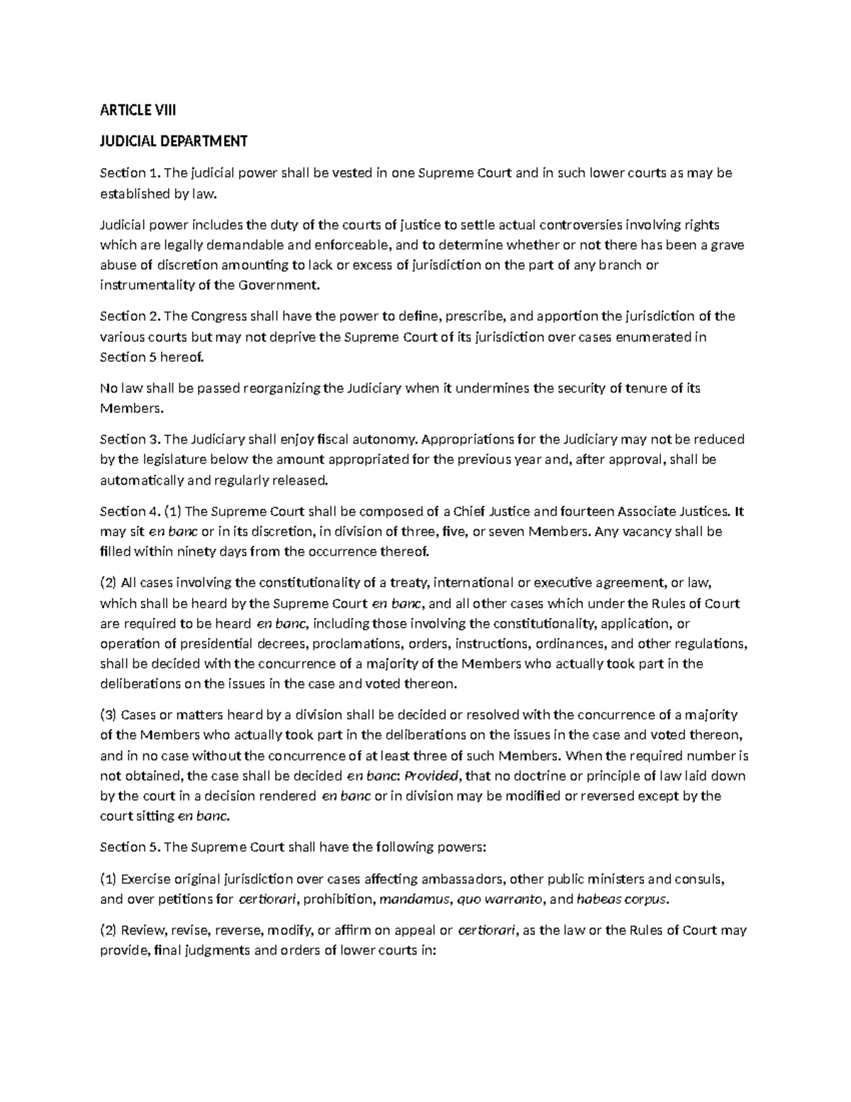 Article VIII: Judiciary Department Overview and Powers - Studocu
