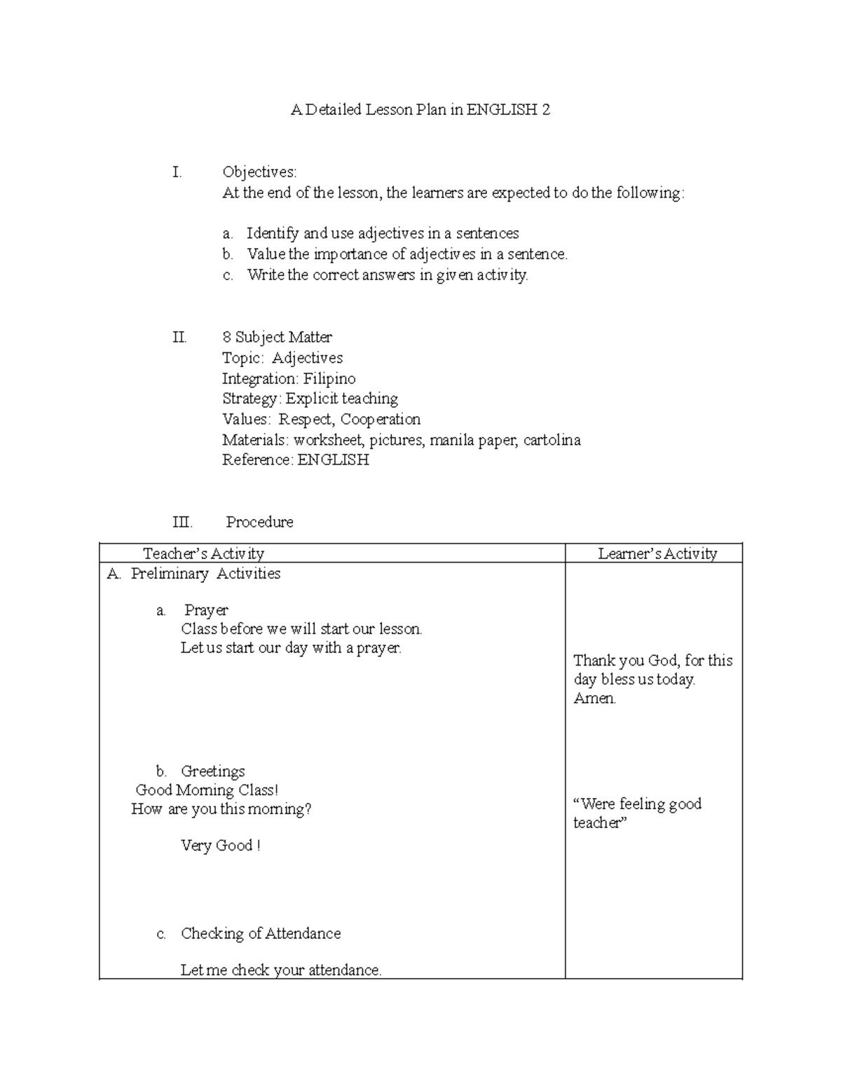 Adjectives Lesson Plan - Detailed Teaching Guide for ENGLISH 2 - Studocu