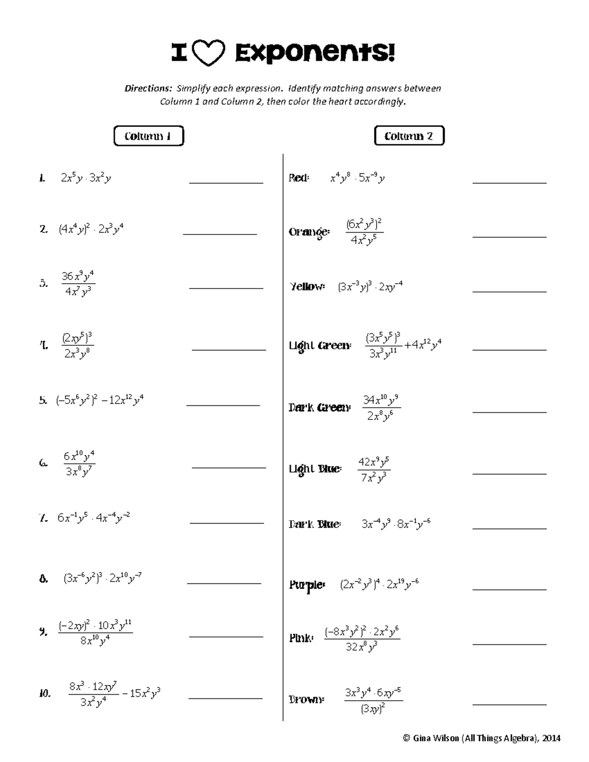 Exponent Rules: Laws of Exponents Coloring Activity (Math 101) - Studocu