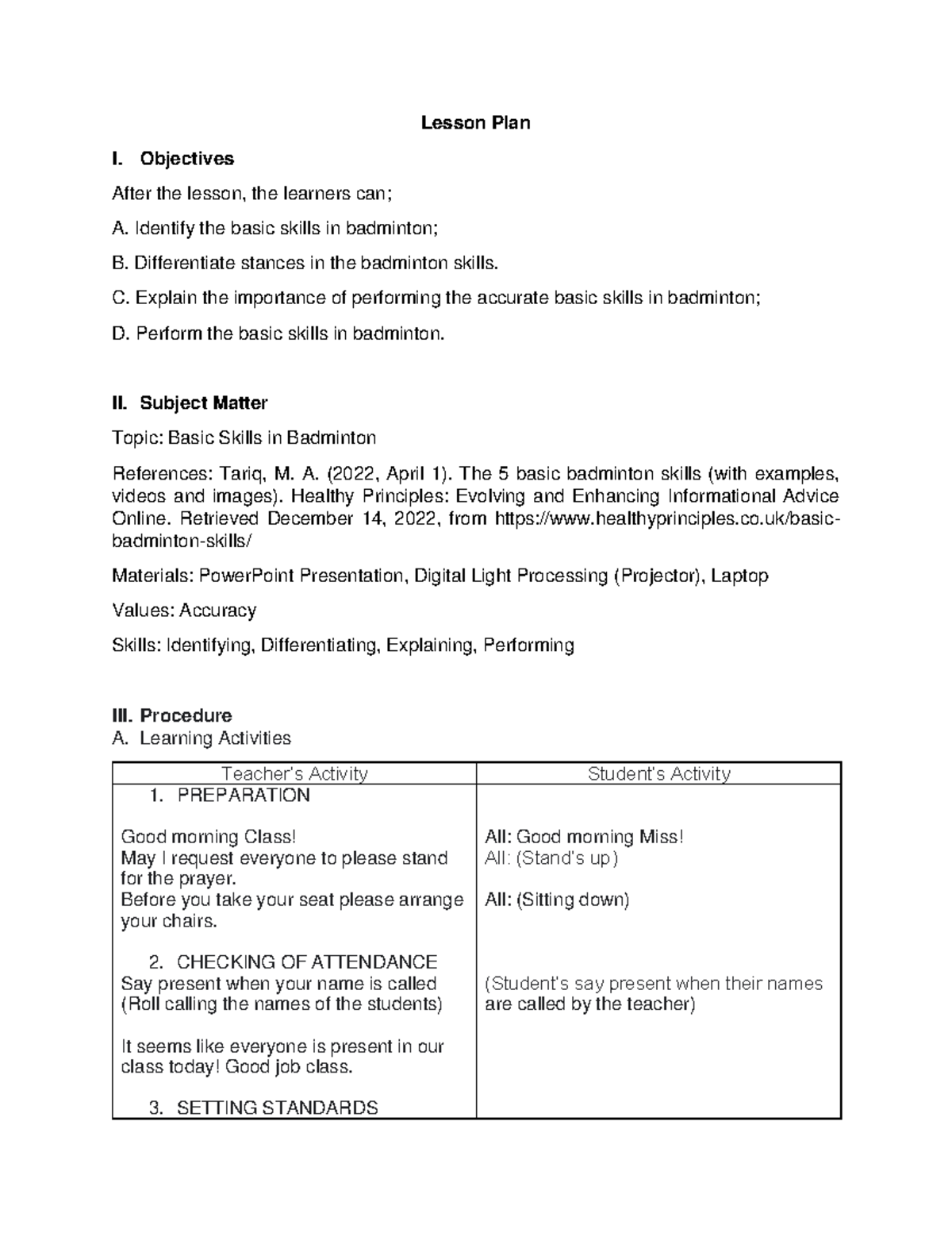 Lesson PLAN - Lesson Plan I. Objectives After the lesson, the learners ...