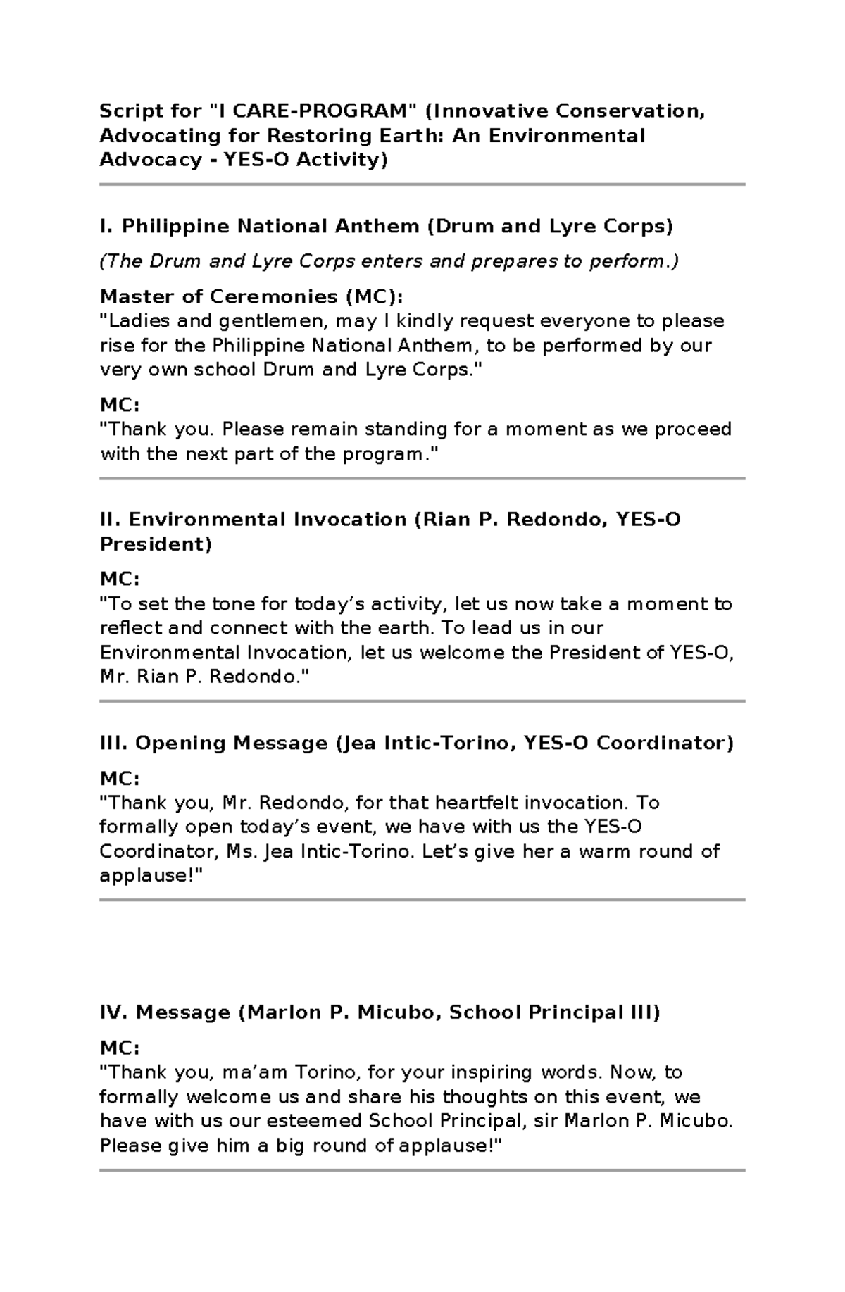 Script for YES-O Environmental Advocacy Activity 2024 - Studocu