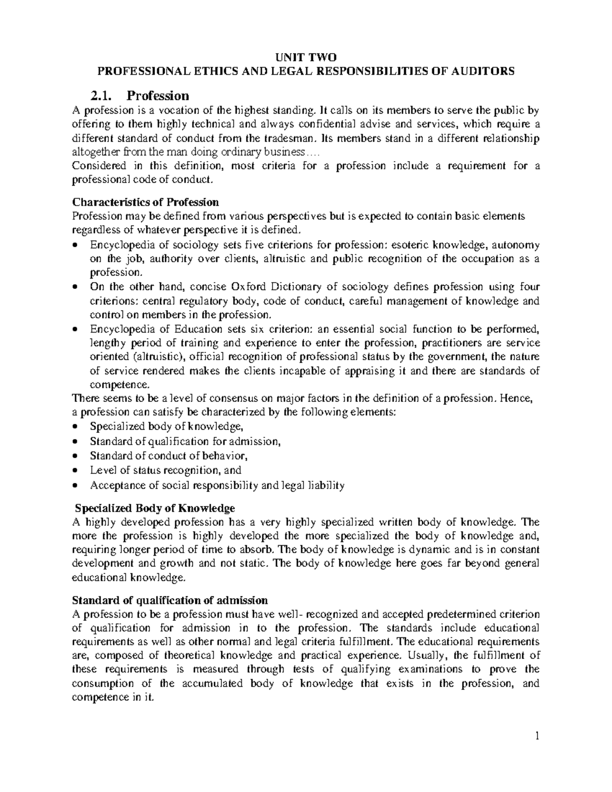 Audit I: Professional Ethics & Legal Responsibility Essentials - Studocu