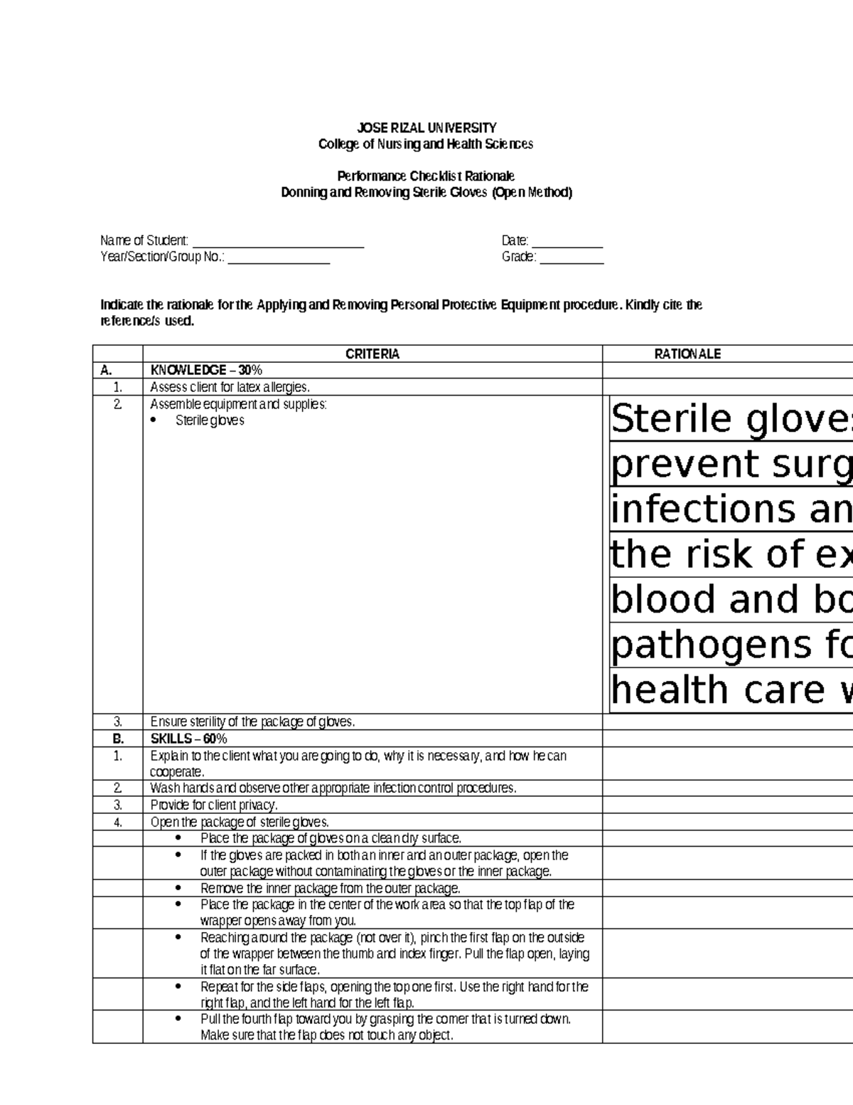 Performance Checklist: Rationale for Donning/Removing Sterile Gloves ...