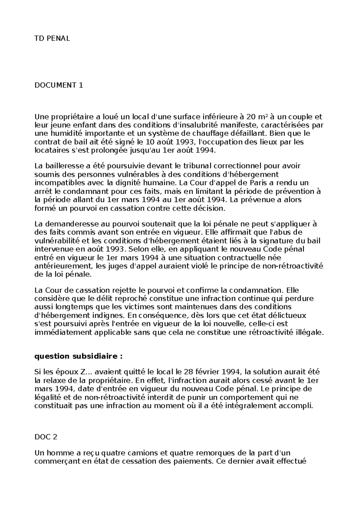 TD 1 PENALE : Analyse des décisions de la Cour de cassation - Studocu