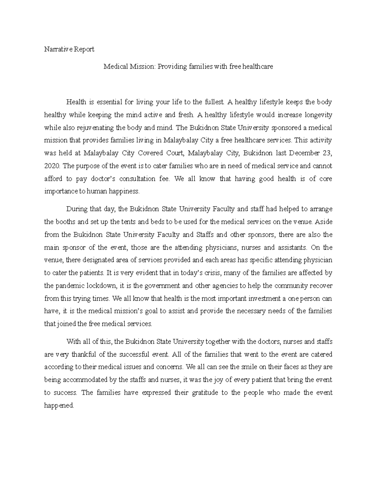 Narrative Report on Medical Mission by Bukidnon State University - Studocu