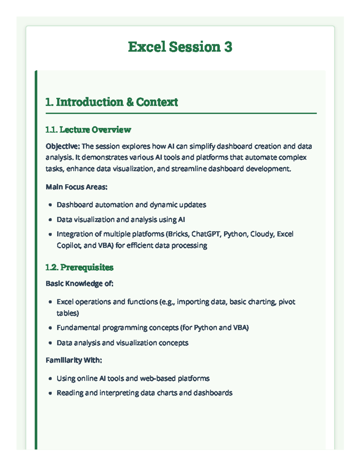 Excel S3: AI-Driven Dashboard Creation & Data Analysis Lecture Notes ...
