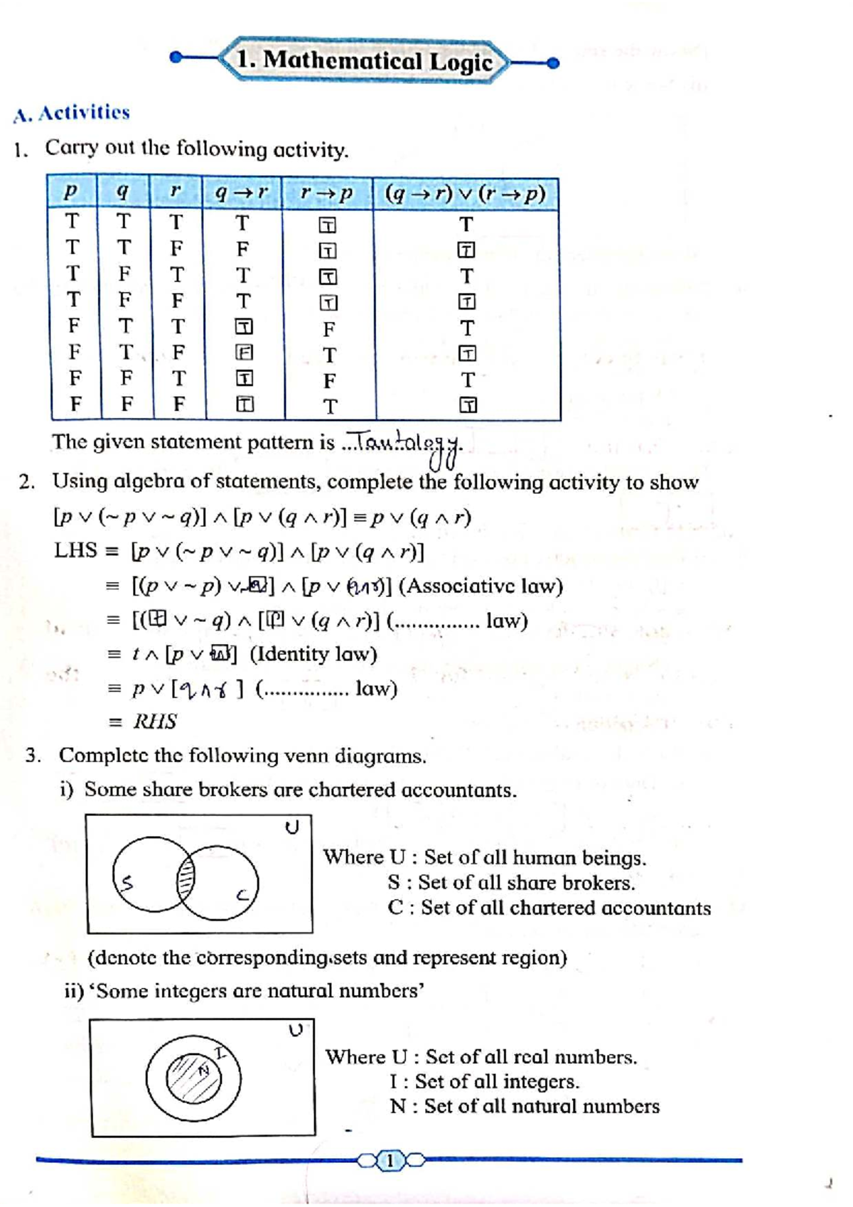Mathematical Logic Activities and Practical Exercises (12MATHS) - Studocu