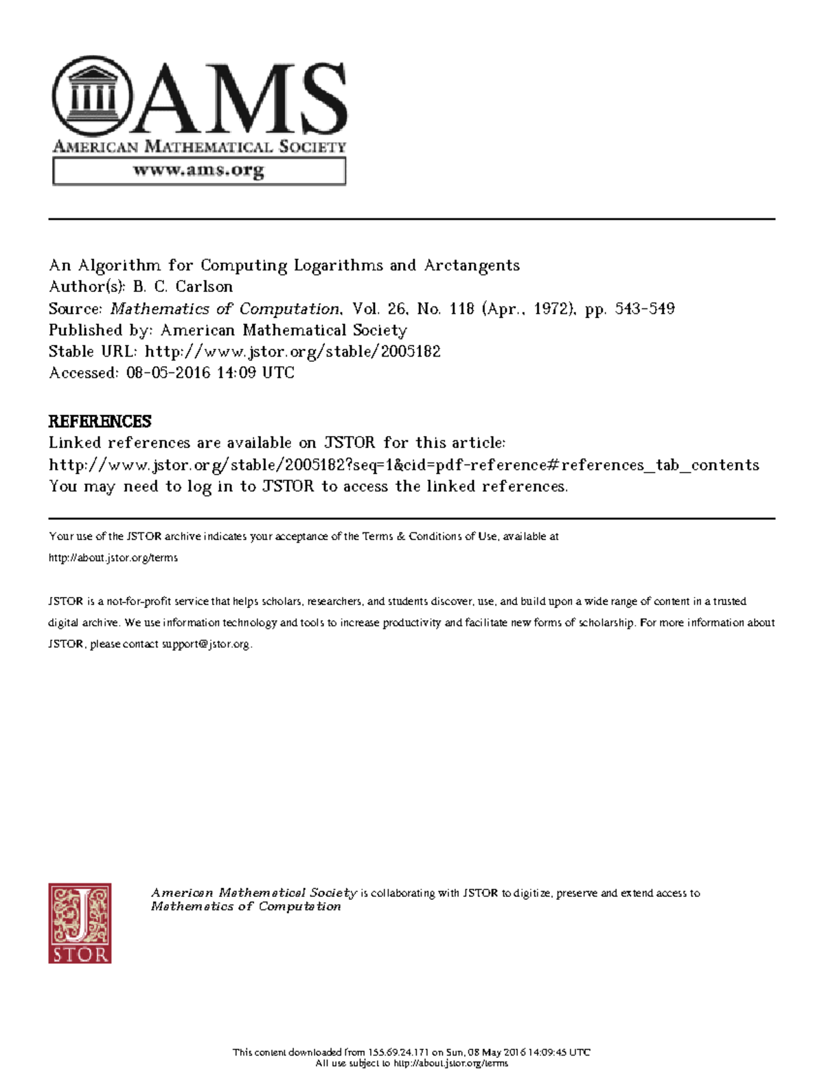 Carlson 1972 An Algorithm For Computing Logarithms And Arctangents