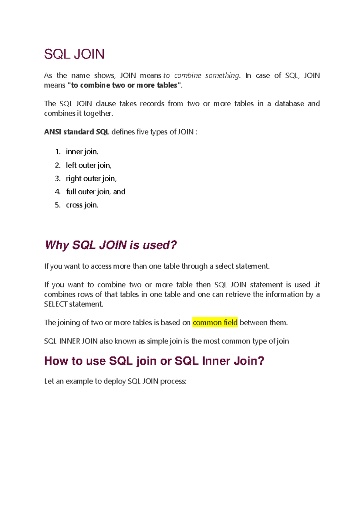 SQL JOIN Types and Usage Explained: Inner, Outer, and Cross Joins - Studocu