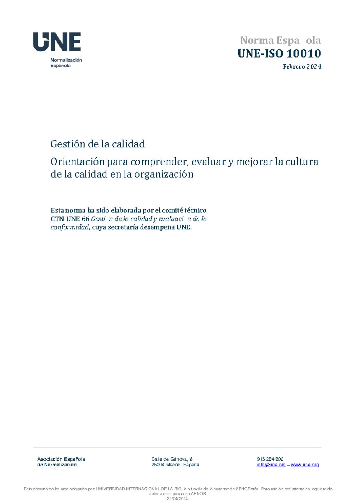 Norma UNE ISO 10010:2024 - Gestión de la Calidad y Cultura ...