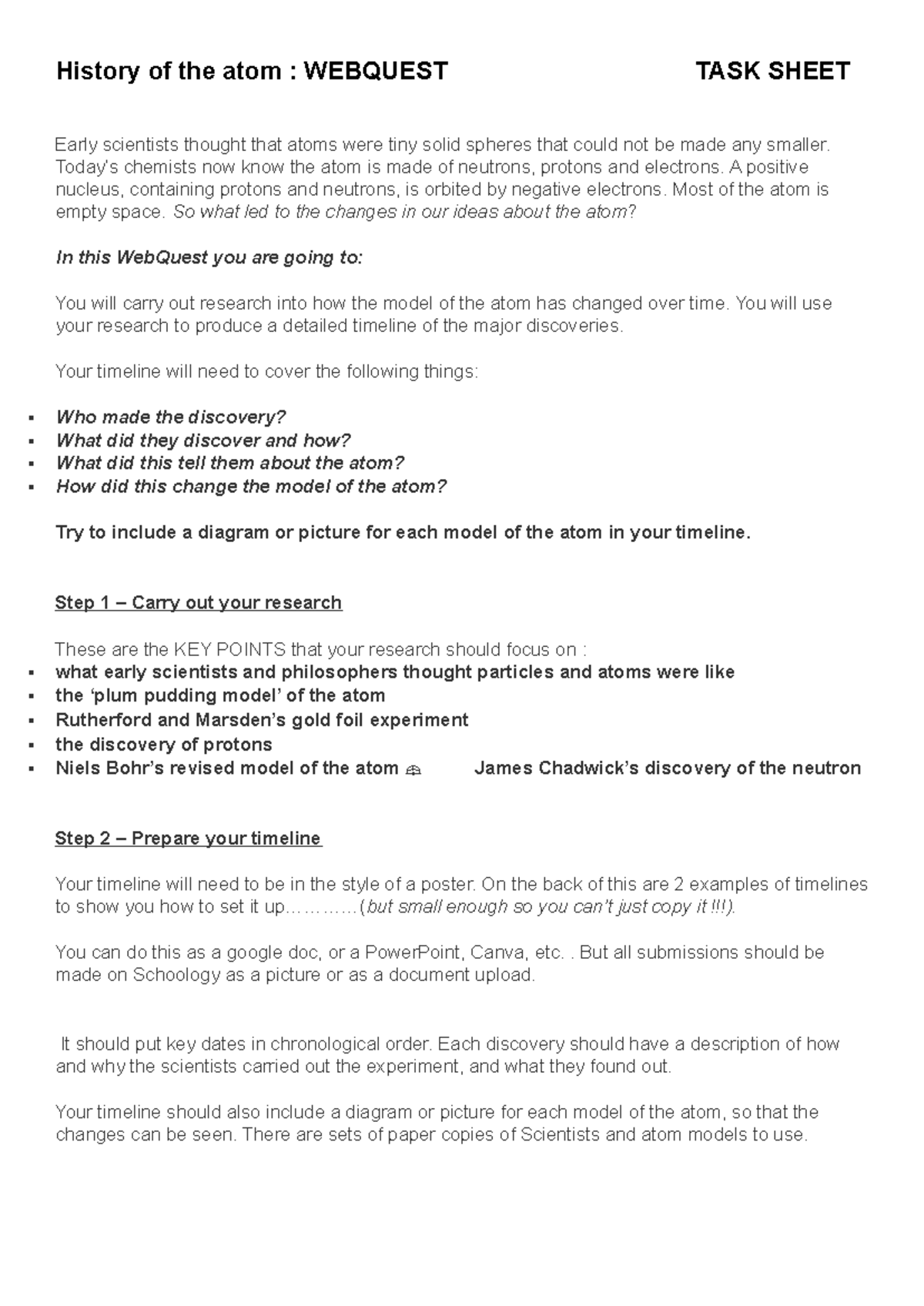 Atomic Theory WEBQUEST Task Sheet: Researching Atom Models Over Time ...