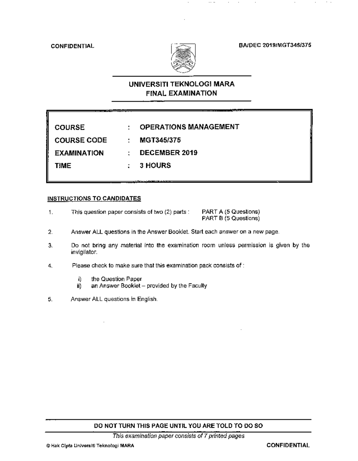 MGT345 - Final Exam December 2019 Operations Management PYQ - Studocu