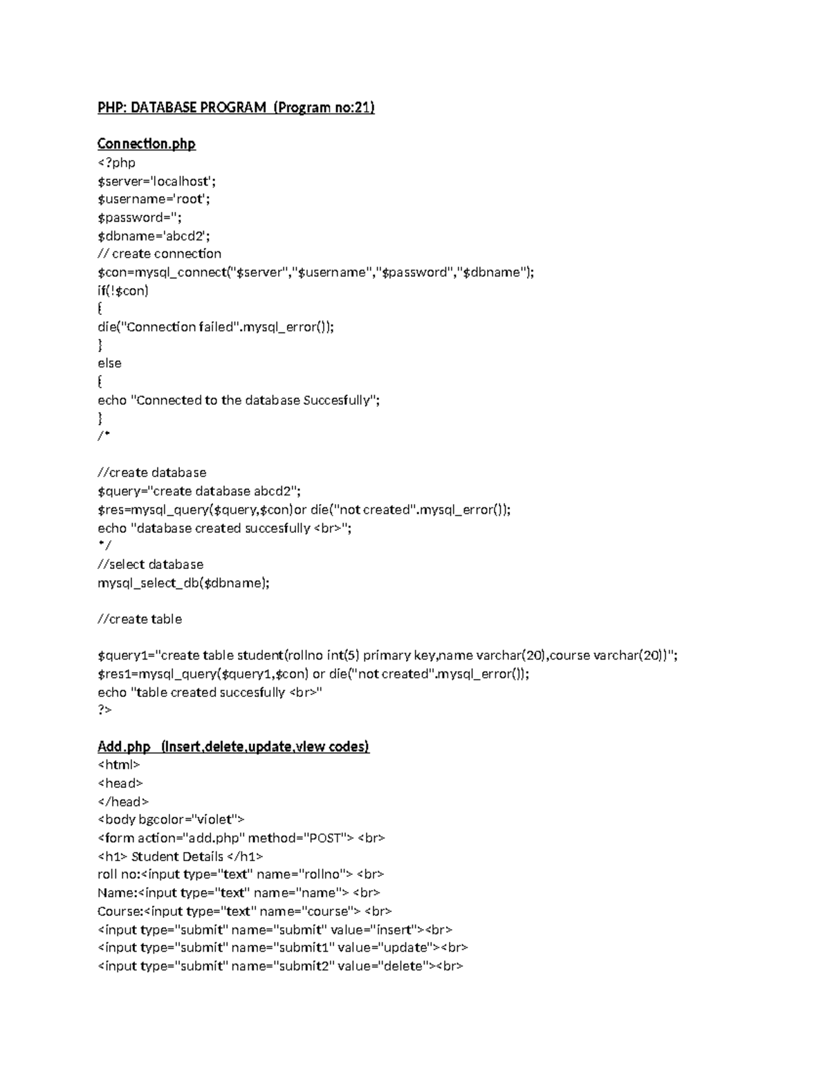 Phpcleenadatabse - A discription for php practical of fifth semester - PHP: DATABASE PROGRAM ...