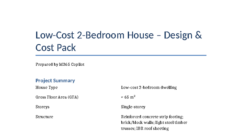 Low Cost 2BR House Design Cost Pack - M365 - Studocu