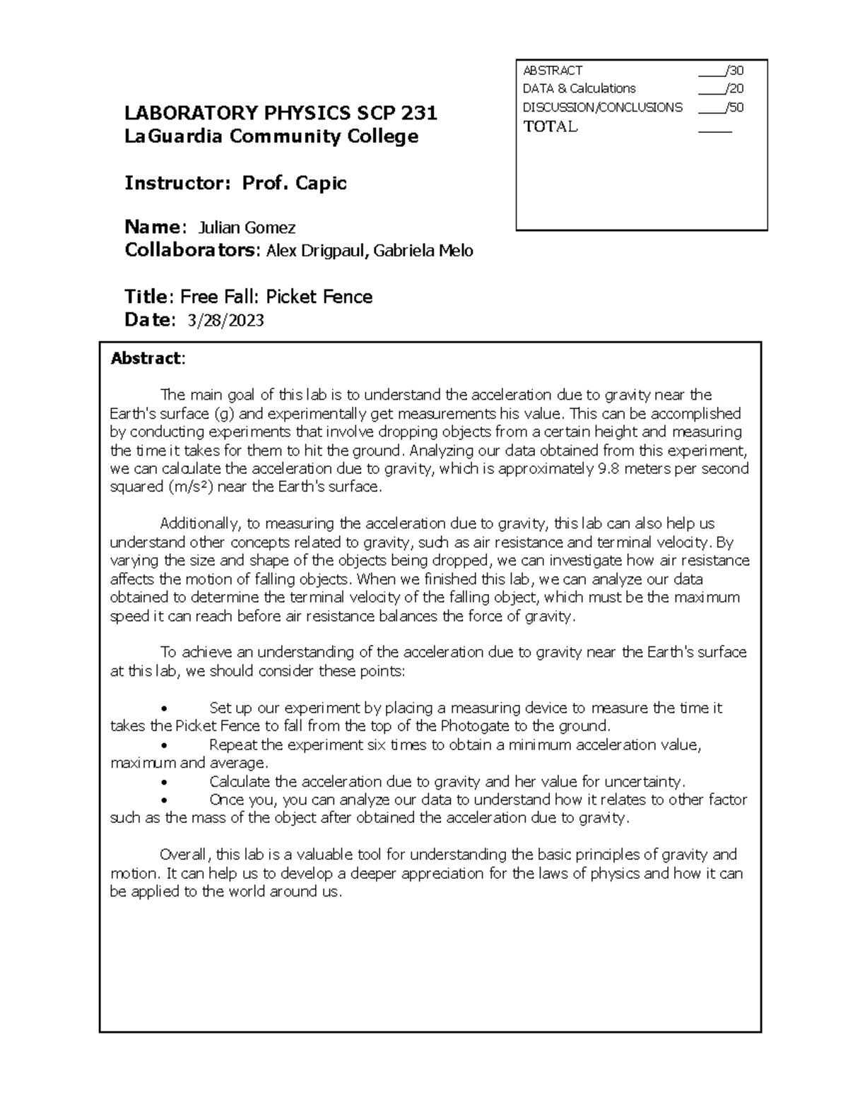 SCP231 Lab 2 - Free Fall: Picket Fence - LABORATORY PHYSICS SCP 231 ...