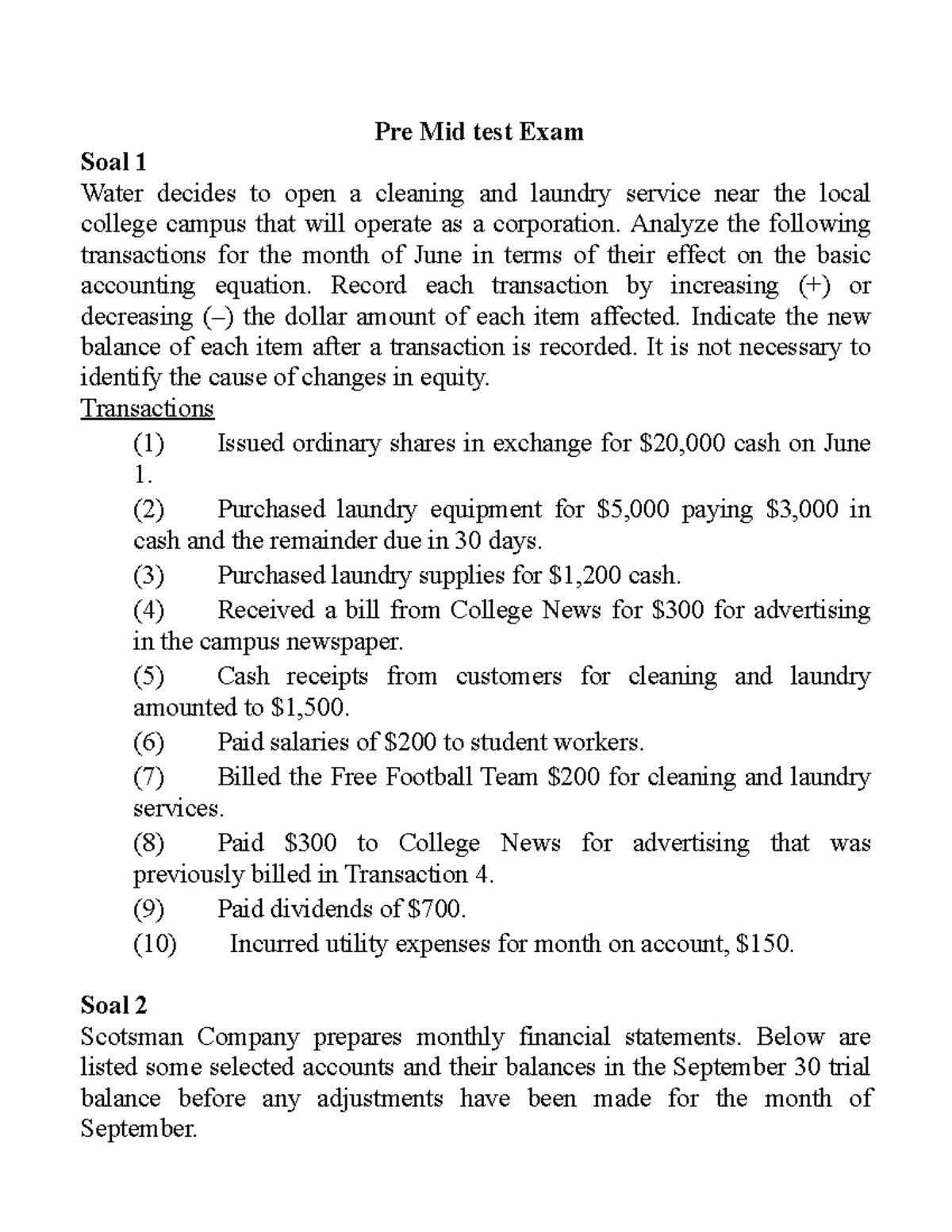 Pre Mid Test Exam - Accounting Transactions and Adjustments - Studocu