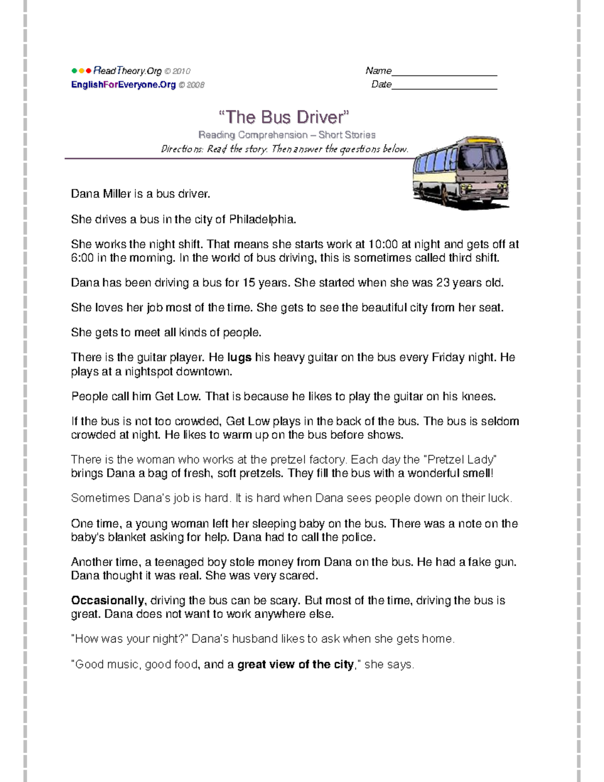 Reading Comprehension - The Bus Driver Story Analysis - Studocu