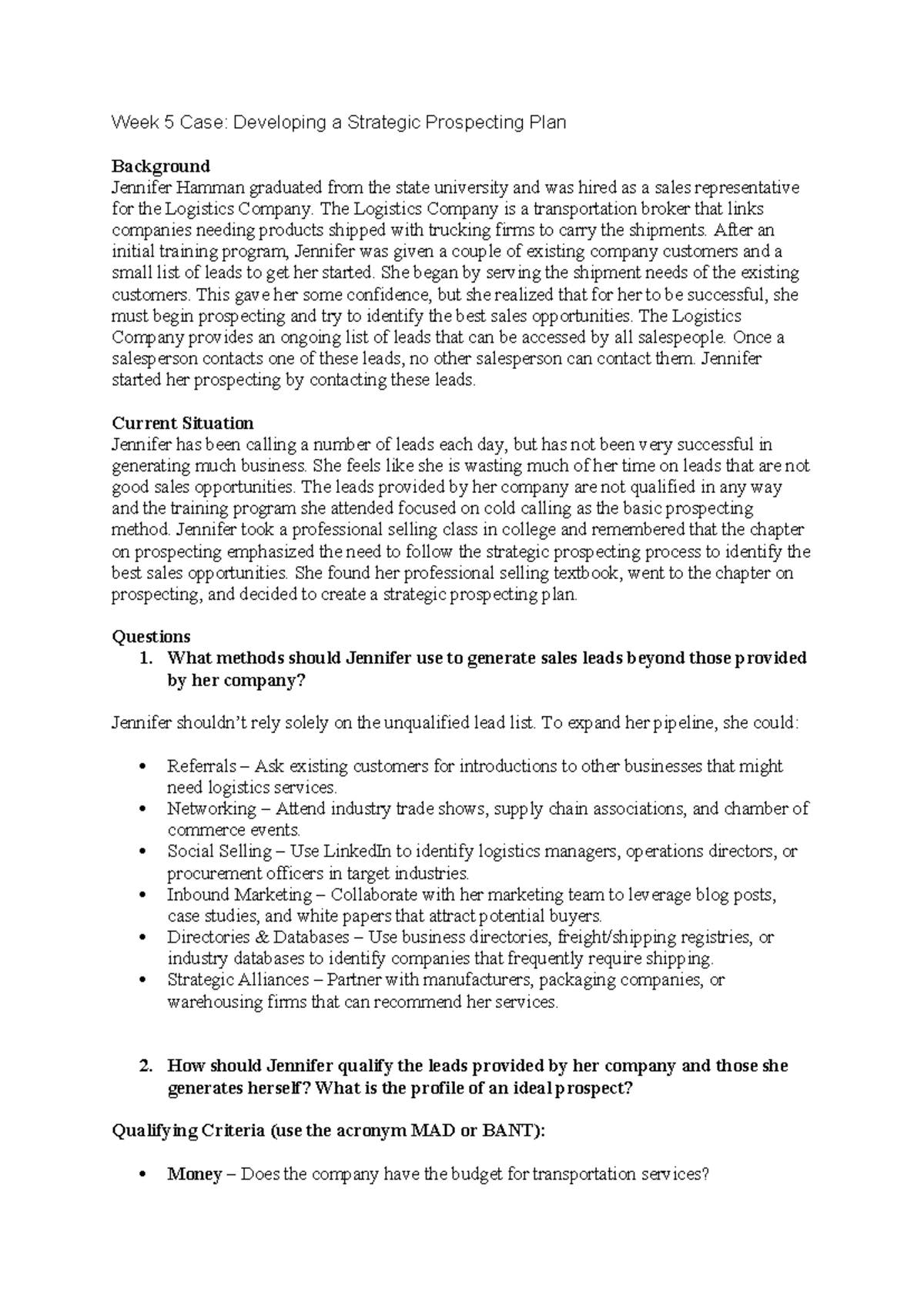 Week 5 Case Study: Crafting a Strategic Prospecting Plan - Studocu
