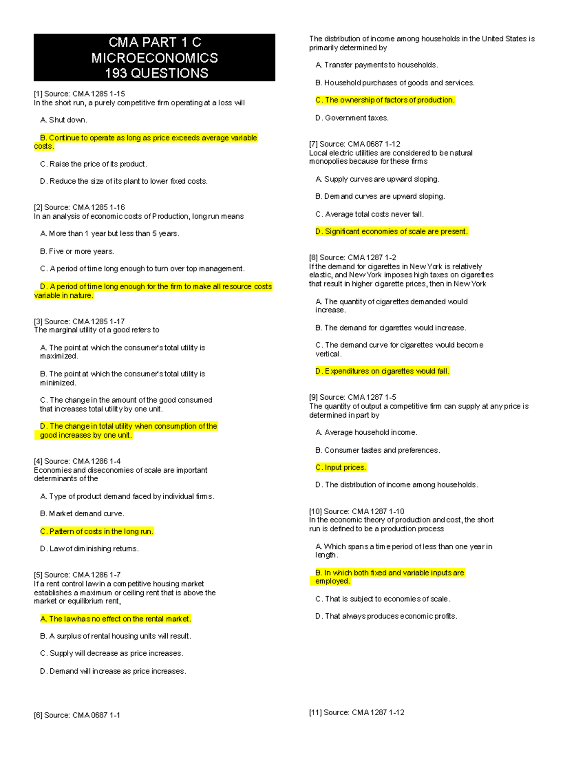 CMA Part 1 Microeconomics Practice Questions and Solutions - Studocu