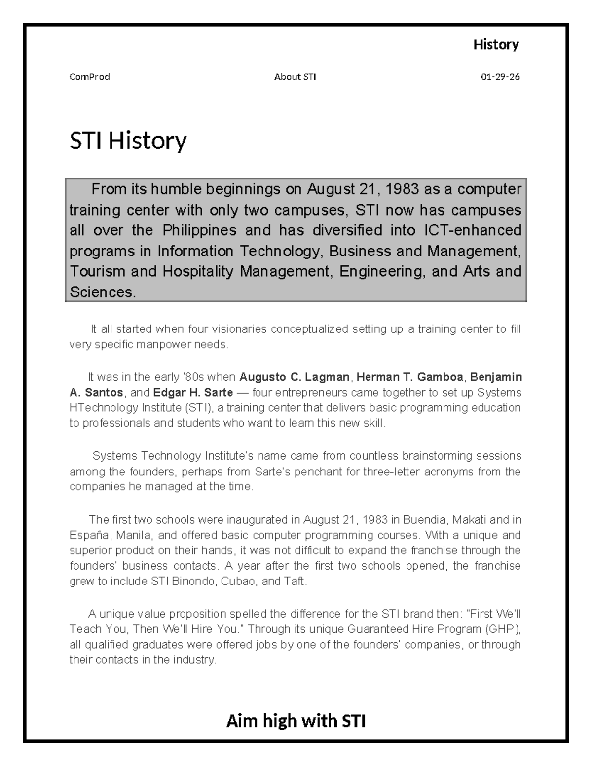 STI History: From Training Center to Educational Leader (1LE) - Studocu