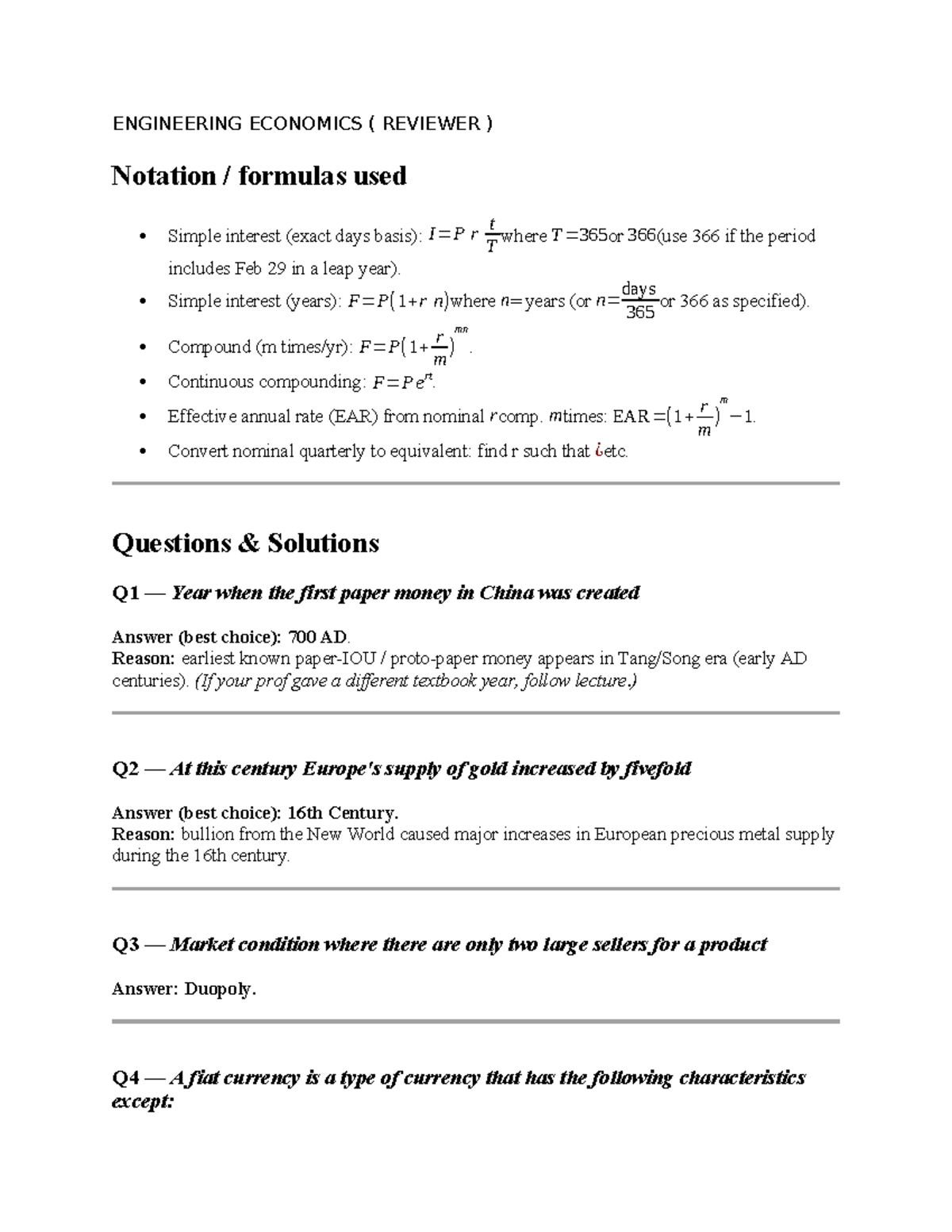 ENGR 101: Engineering Economics Final Exam Reviewer - Studocu