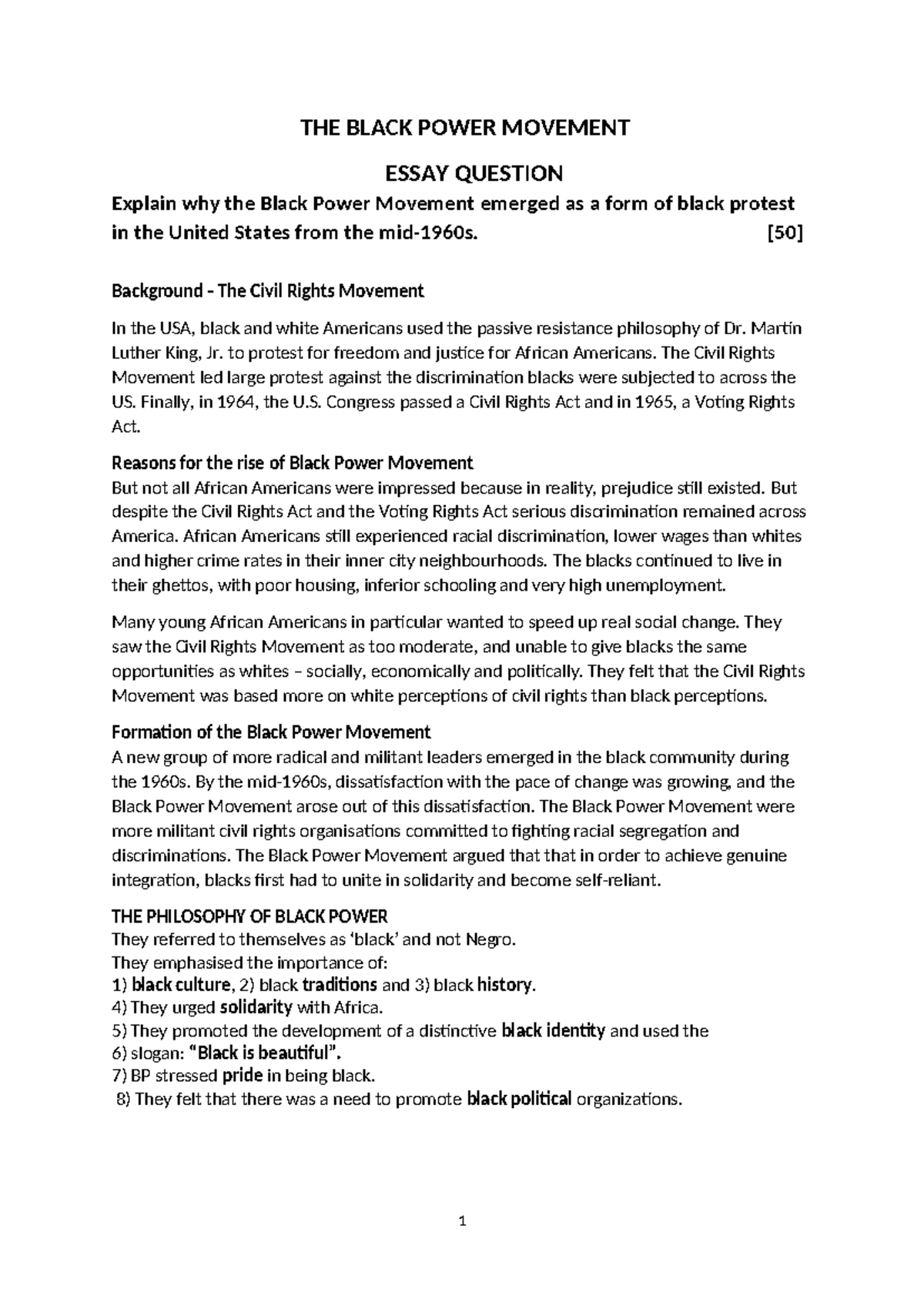 Essay - Black Power Movement - THE BLACK POWER MOVEMENT ESSAY QUESTION ...