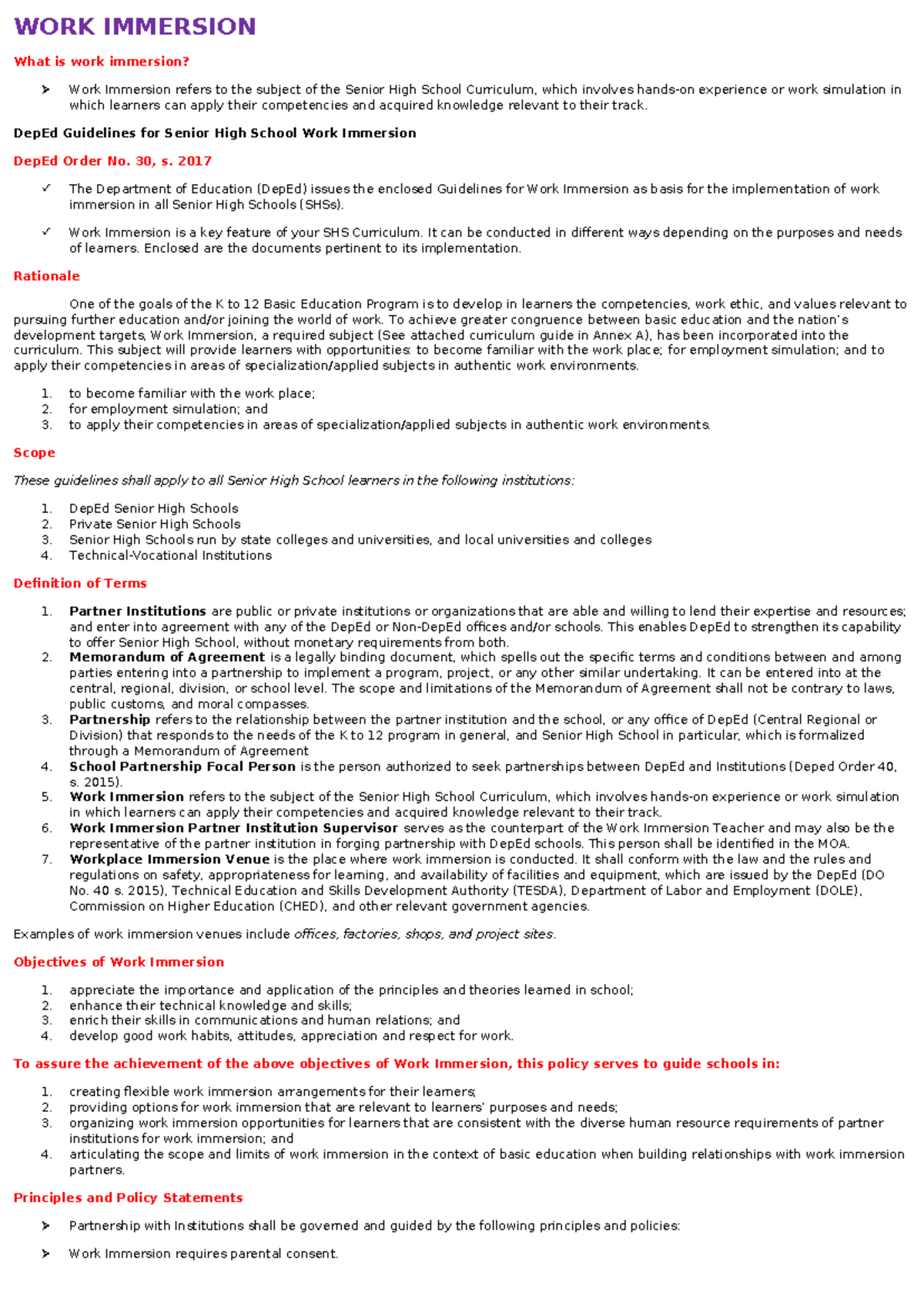 SHS Work Immersion Guidelines: Curriculum and Implementation Details ...