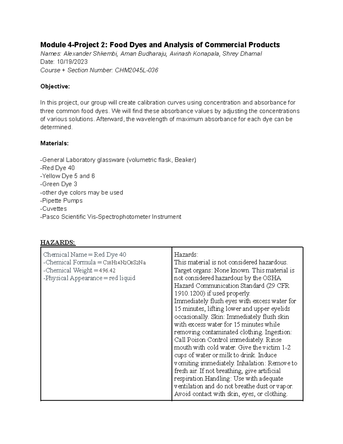 CHM2045L Module 4 Project 2: Food Dyes Analysis and Calibration - Studocu