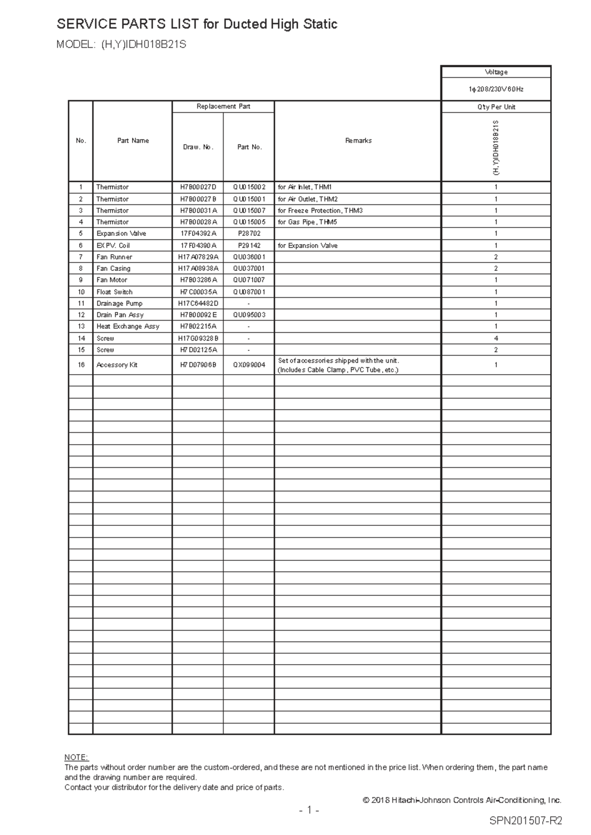 Service Parts List for Ducted High Static Models: (H,Y)IDH018B21S ...