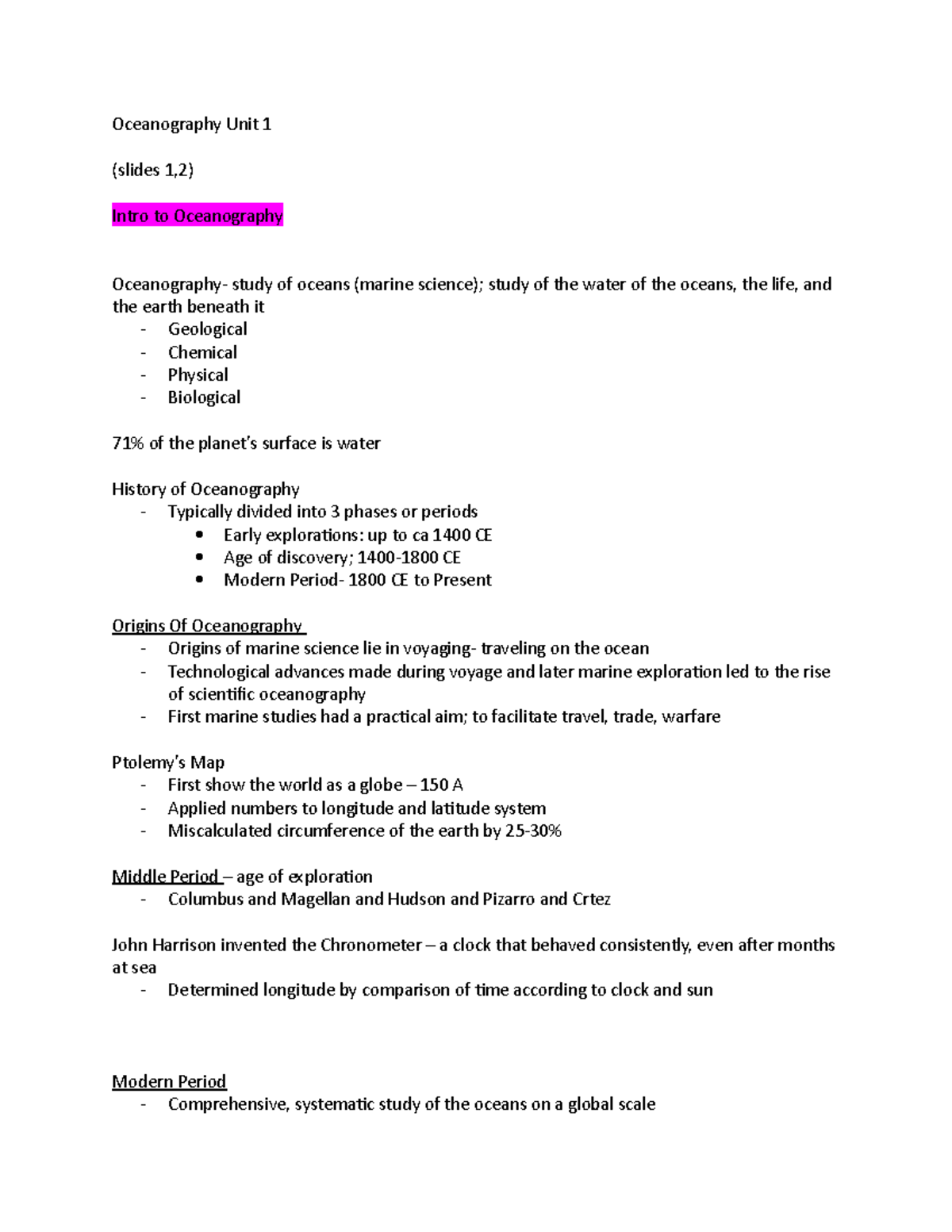 Oceanography Unit 1: Introduction to Ocean Studies and History - Studocu